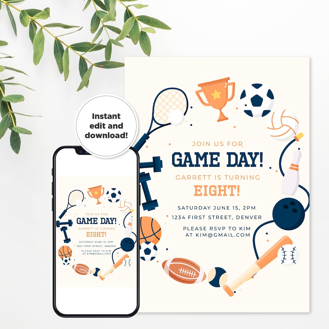 Join Us for Game Day! - Sports Theme Birthday Party Invitation Template ...