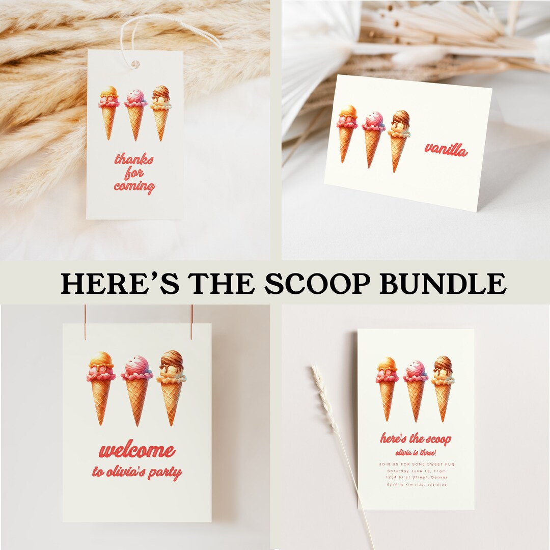 Here's the Scoop Ice Cream Birthday Bundle Set Package - Instant Edit ...