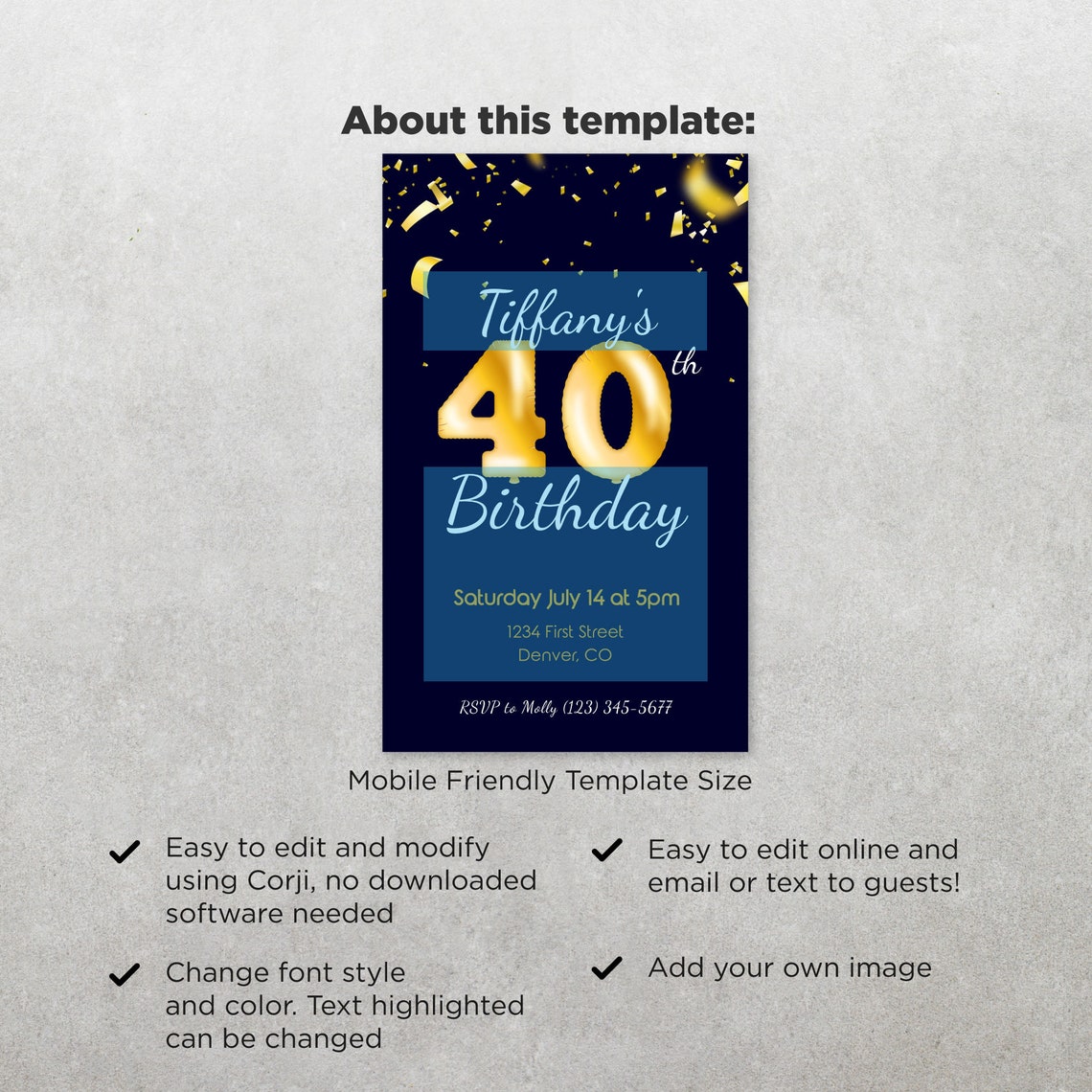 Editable 40th Birthday Party Digital Invitation Template - Etsy