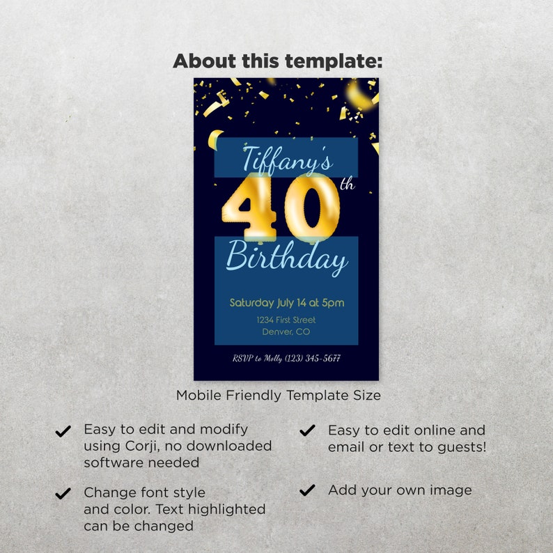 Editable 40th Birthday Party Digital Invitation Template - Etsy
