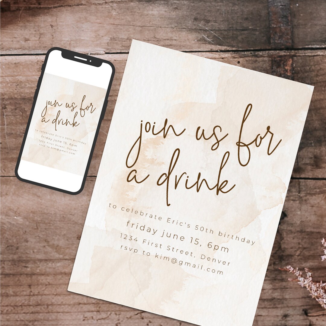 Watercolor Drink Invitation Template: Beige Party Invite (digital ...