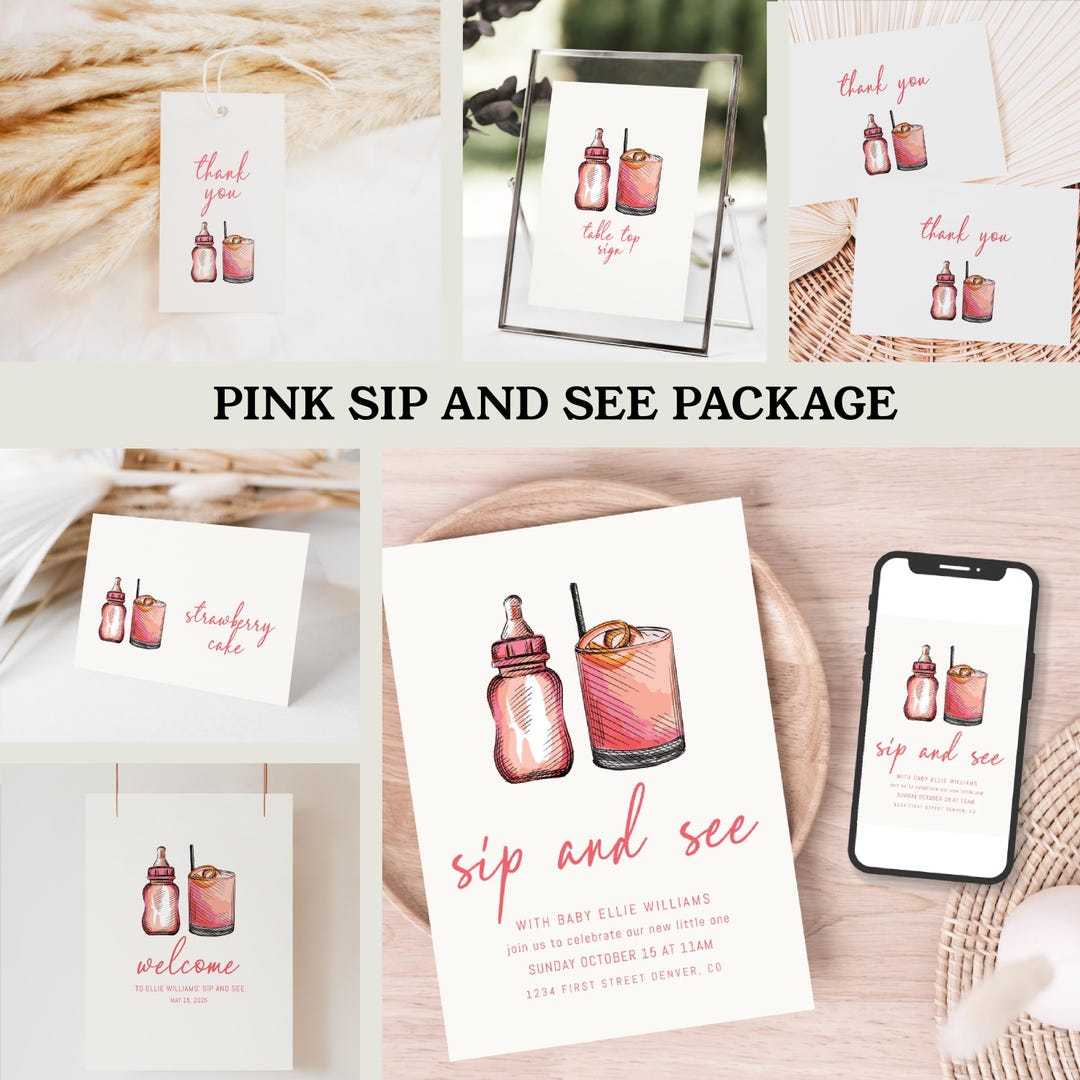 Sip and See Party Package With Pink Baby Bottle and Pink Cocktail Drink ...