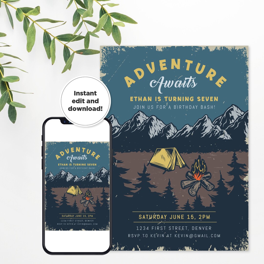 Adventure Awaits - Camping Theme Birthday Party Invitation Template ...