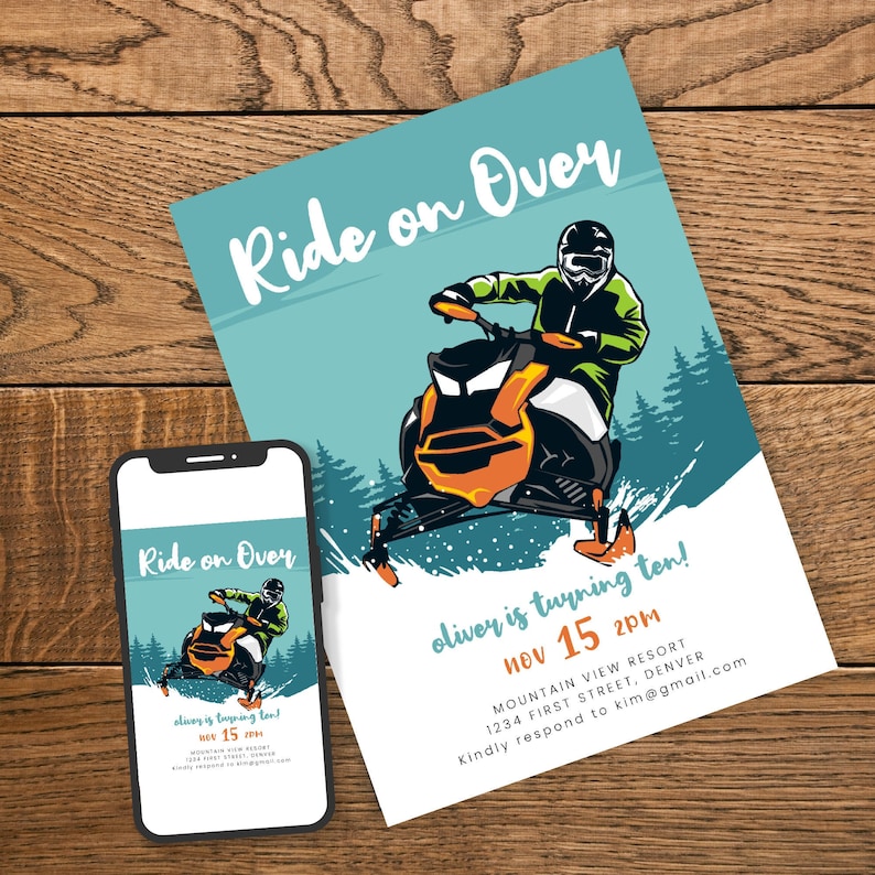 Ride on Over Snowmobile Theme Birthday Party Invitation Template With ...