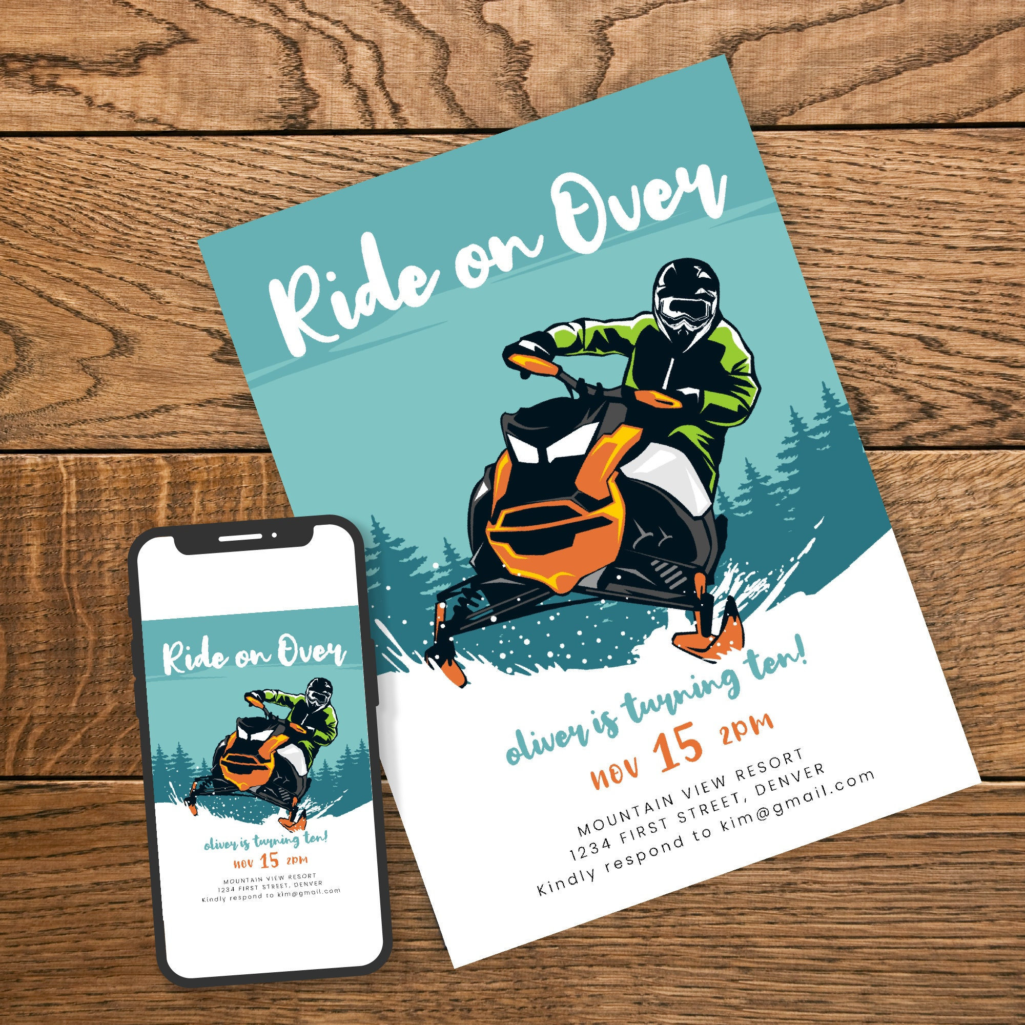 Ride on Over Snowmobile Theme Birthday Party Invitation Template With ...