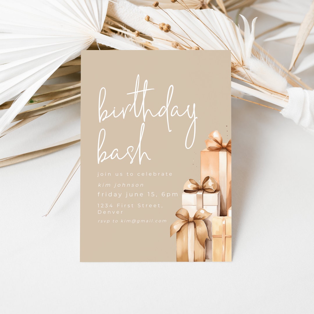 Simple Birthday Party Invitation Template in Beige With Boho Bunch ...