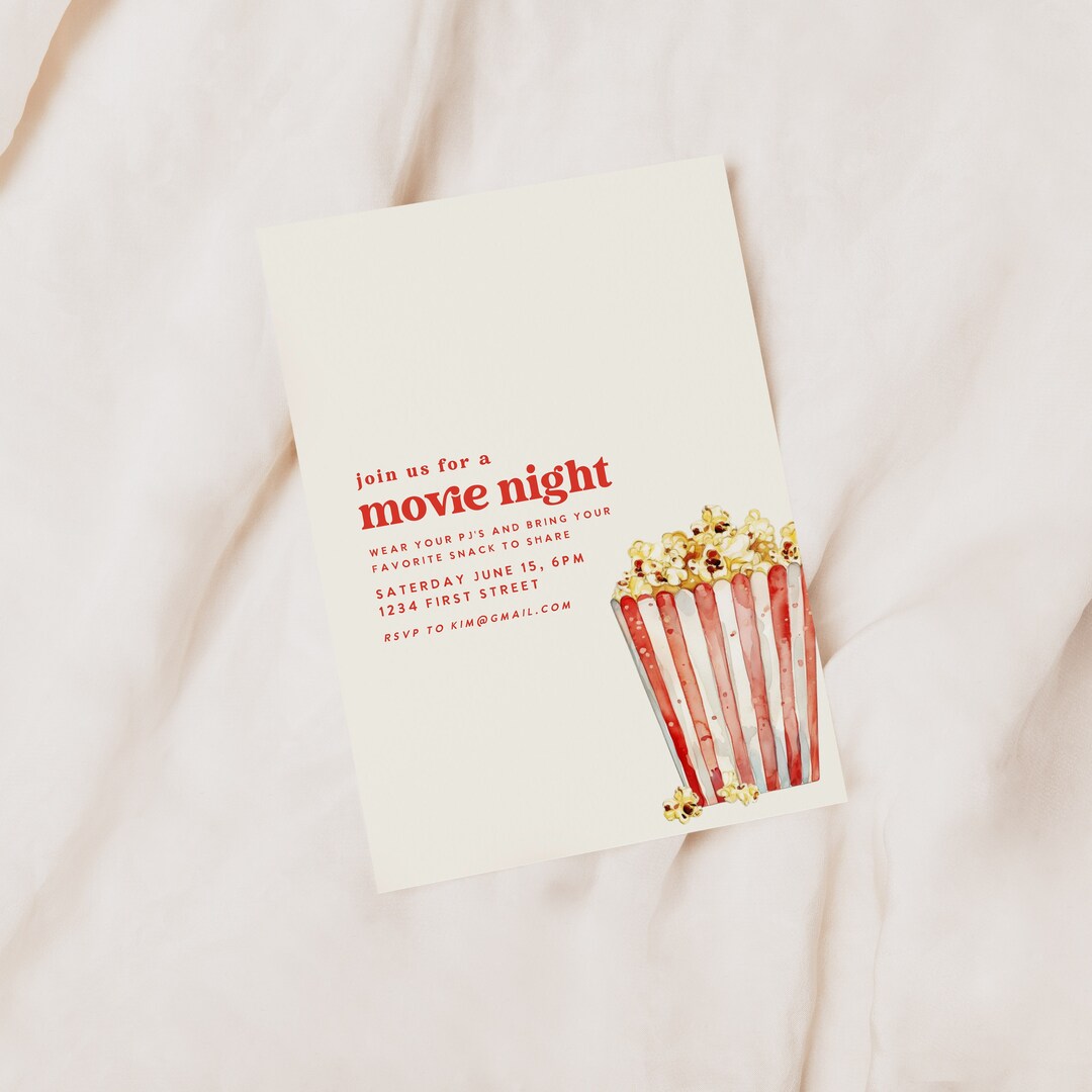 Join Us for a Movie Night Theme Party Invitation Template With Popcorn ...