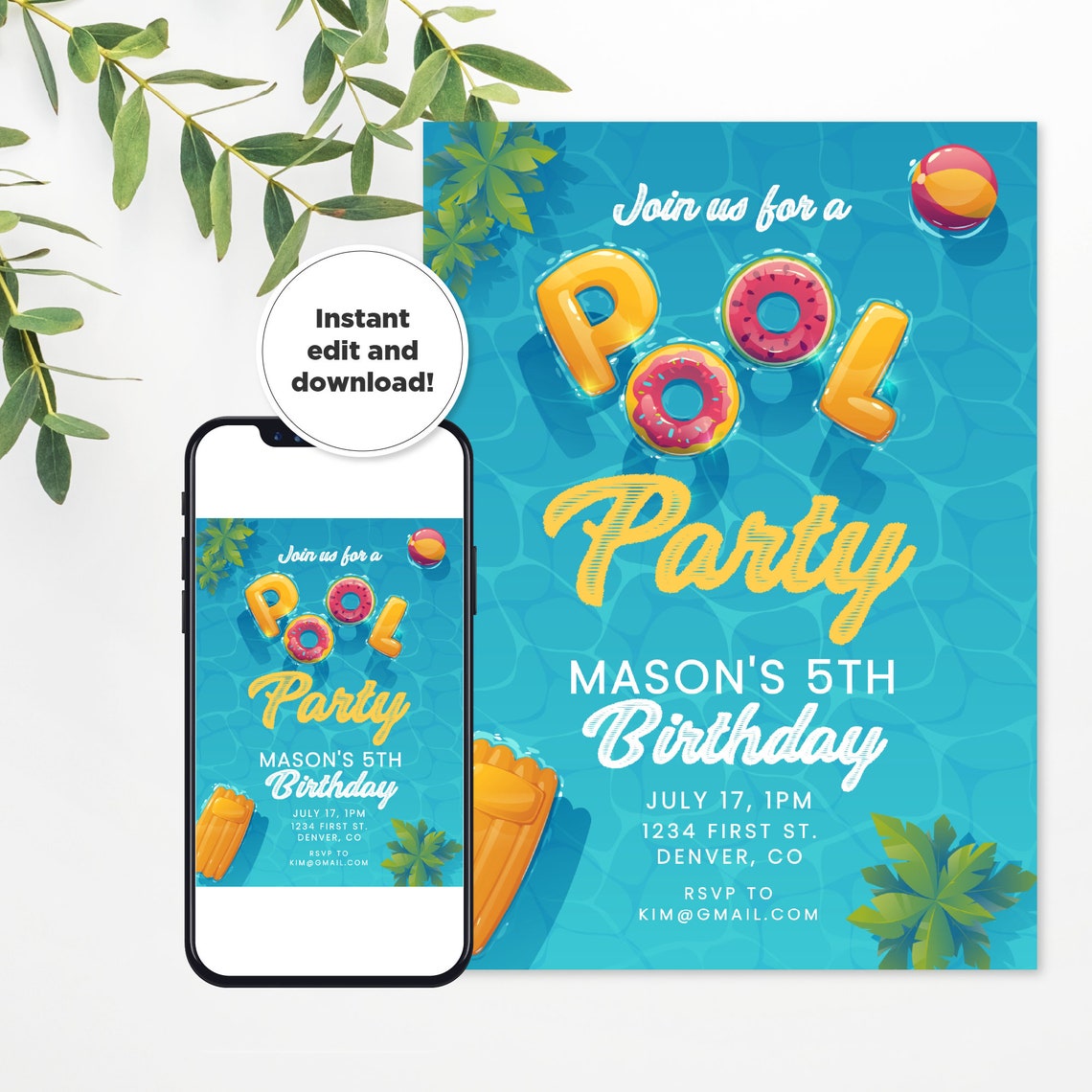 Pool Party With Floats and Palm Trees Birthday Party Invitation ...