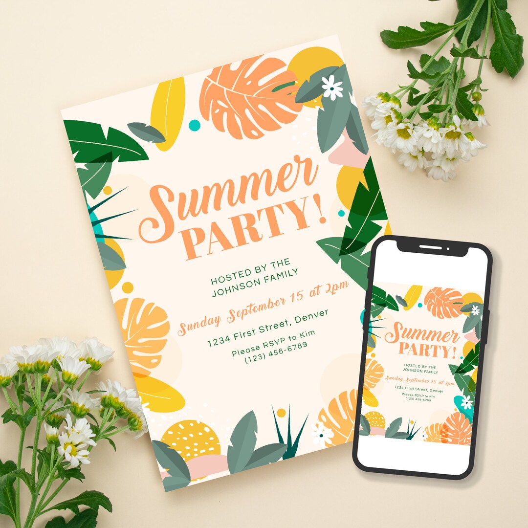 Summer Party Invitation - With Tropical Flowers and Plants ...