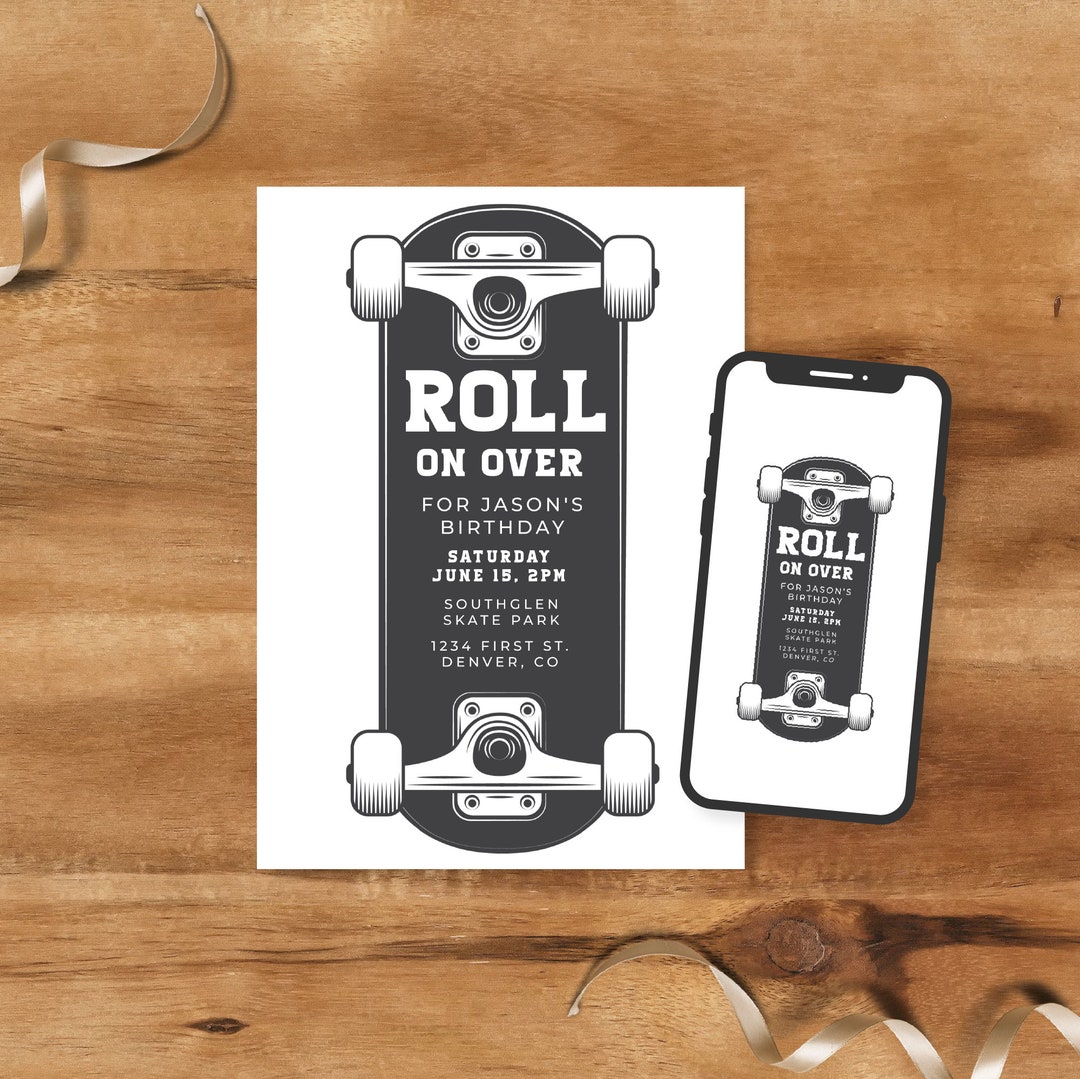 Roll on Over - Skateboarding Theme Birthday Party Invitation Template ...