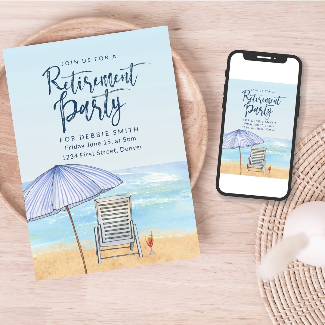 Beach Theme Retirement Party Invitation Template - One Chairs on the ...