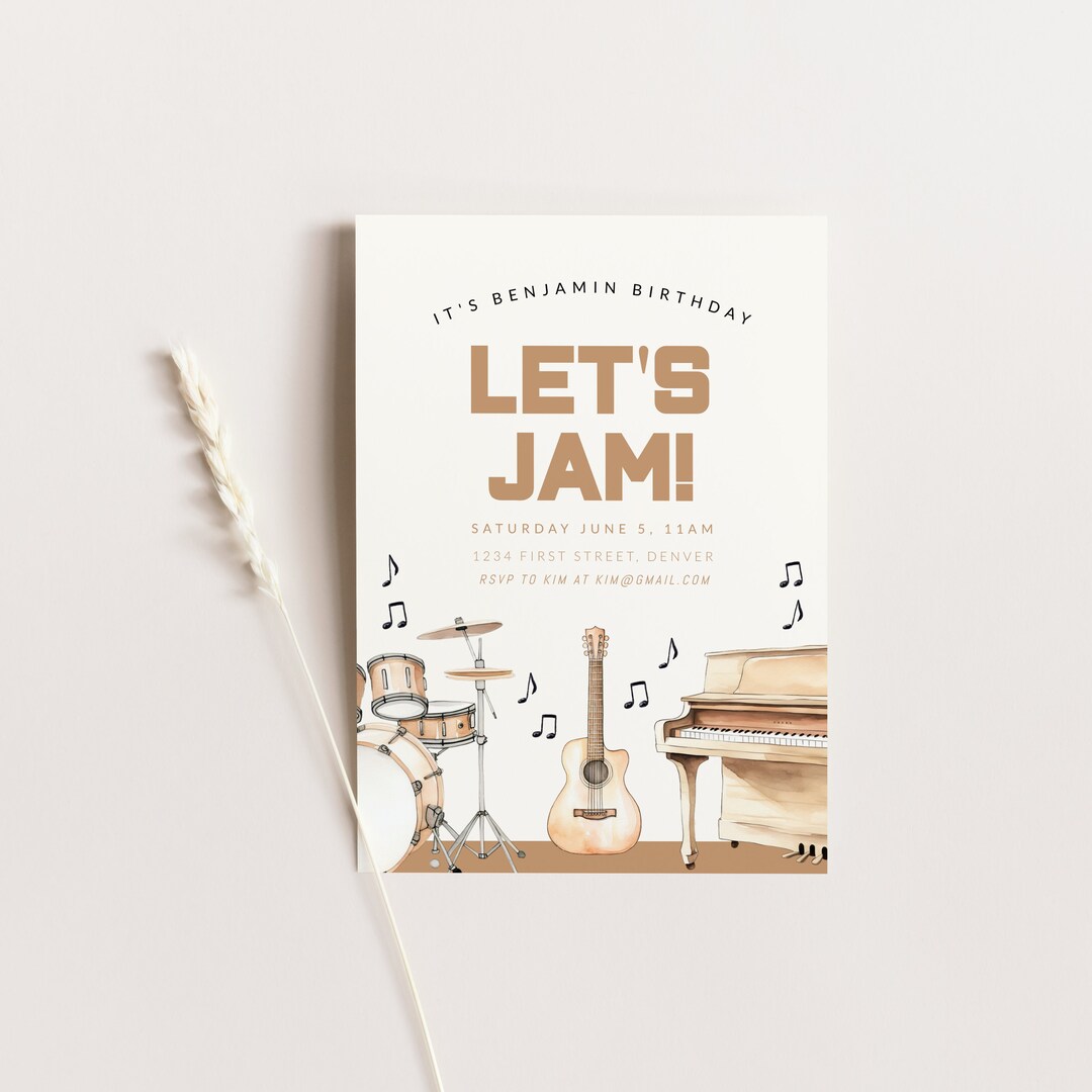 Music Instrument Theme Birthday Party Invitation Template Let's Jam ...