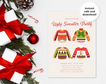 Ugly Sweater Invitation. EDITABLE Personalised Template. Christmas ...