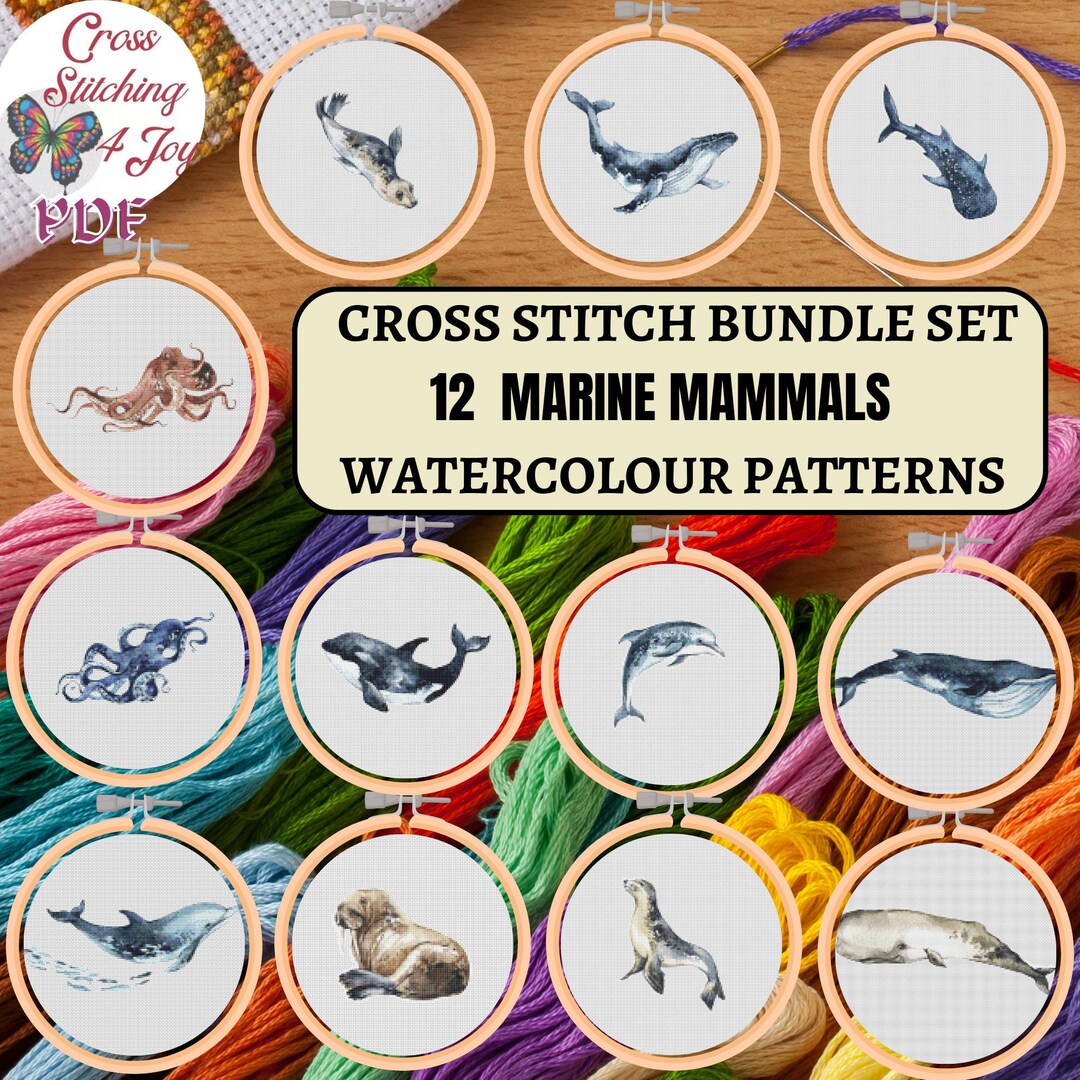 Set of 12 Marine Mammals Cross Stitch Bundle, Colourful Ocean & Sea ...