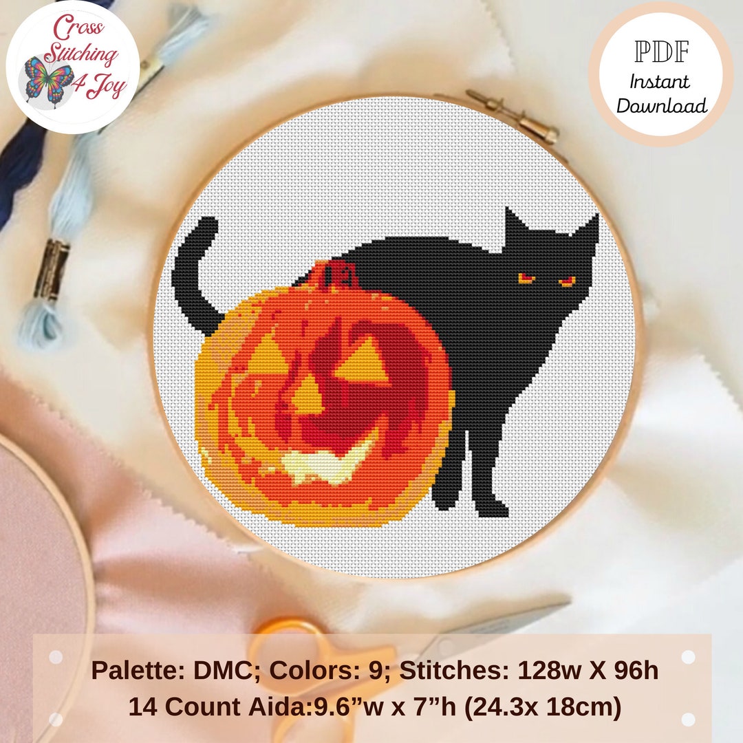 Halloween Decor, Pumpkin With SPOOKY Black Cat Cross Stitch Patterns ...