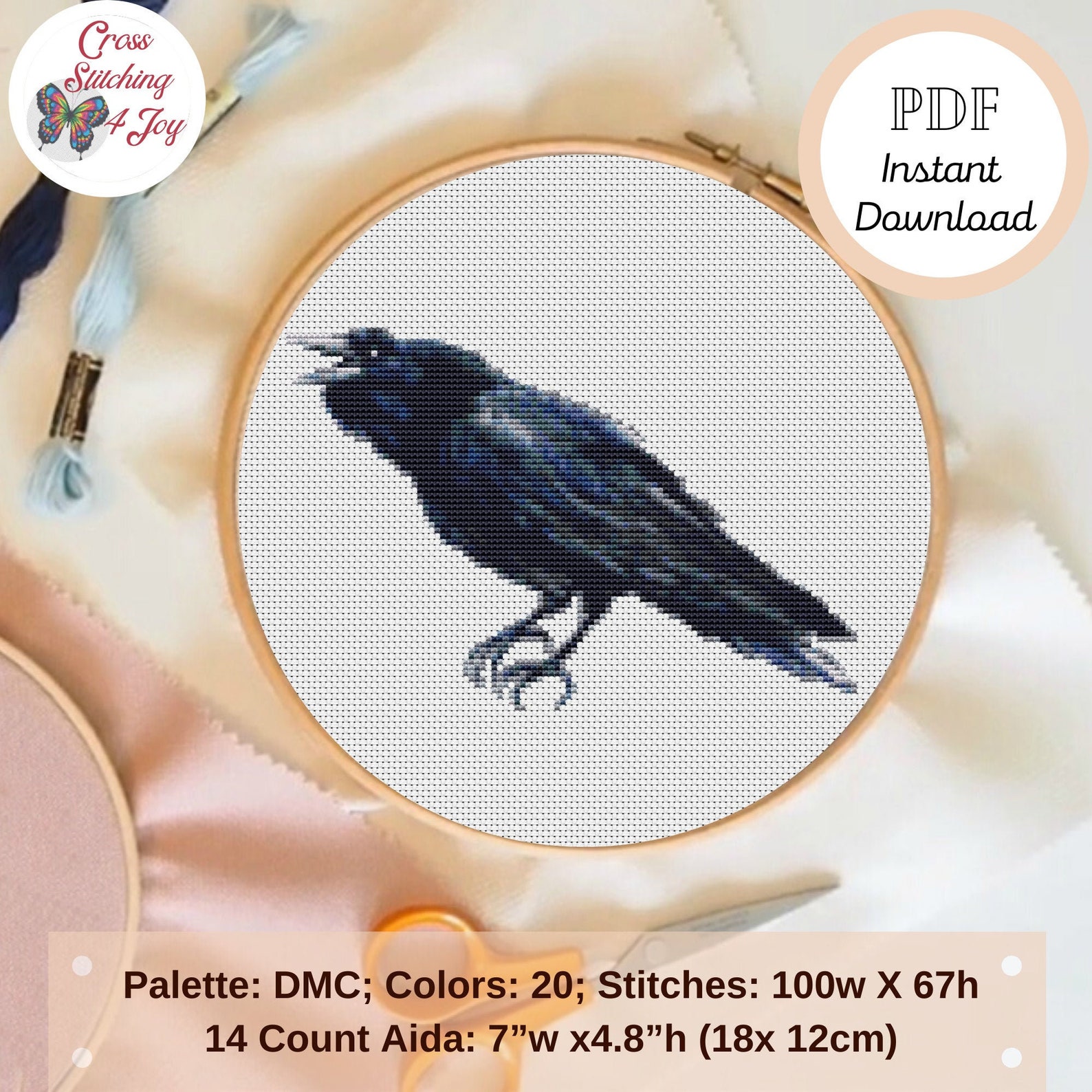 Raven Bird Cross Stitch Easy Pattern Nature Theme Easy Chart | Etsy
