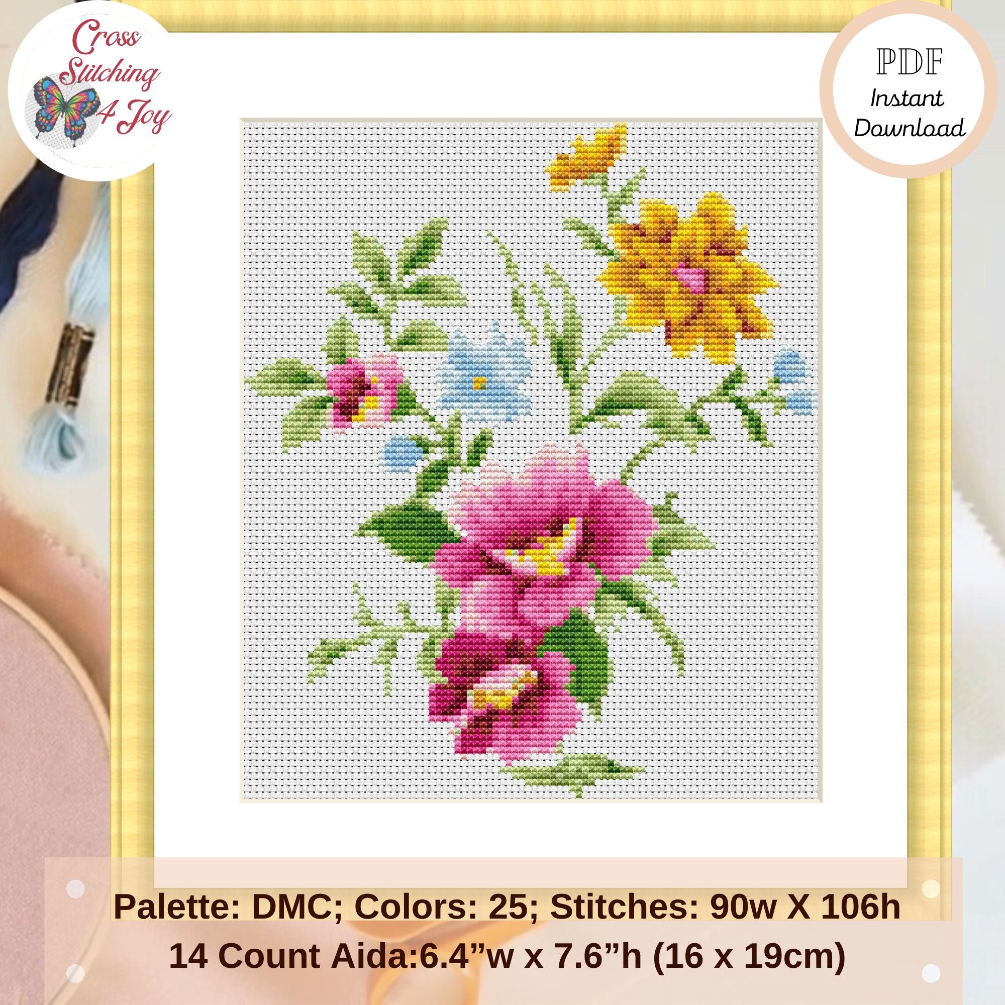 Set of 3 Flowers Unique Cross Stitch Patterns, Floral Cross Stitch ...