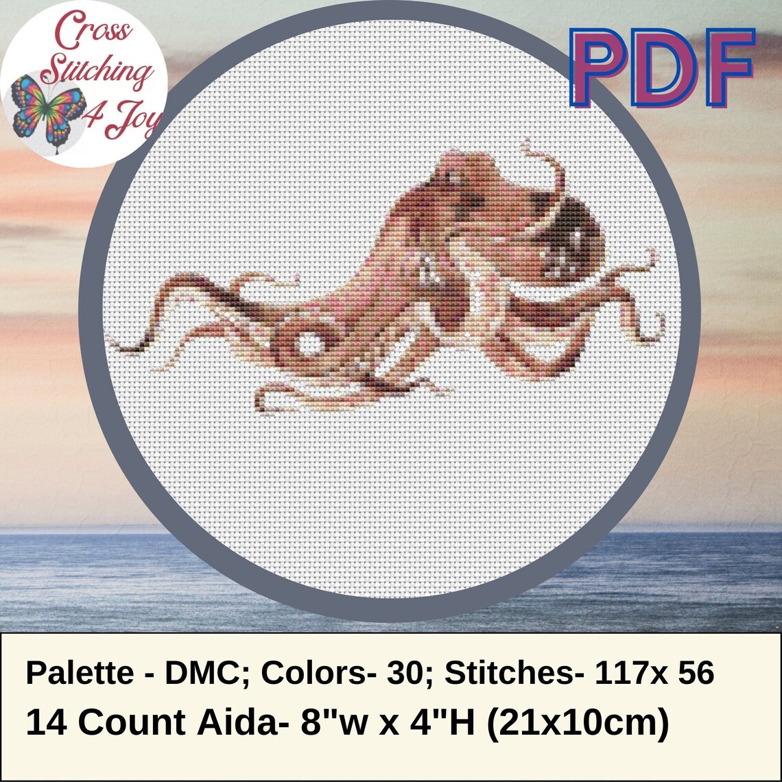 Octopus Counted Cross Stitch Pattern, Easy Modern Nature Art, Colorful ...