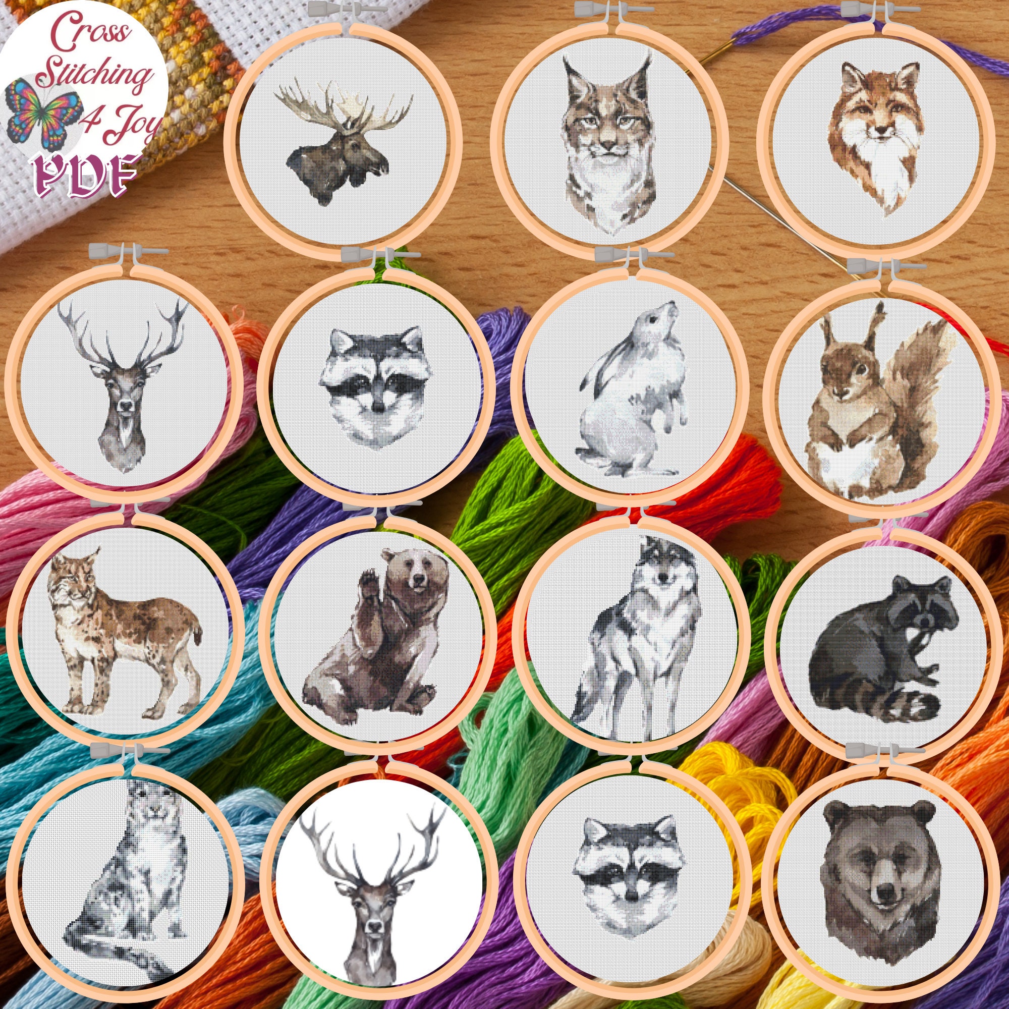 Set of 25 Wild Forest Animals Cross Stitch Bundle, Colourful Counted ...