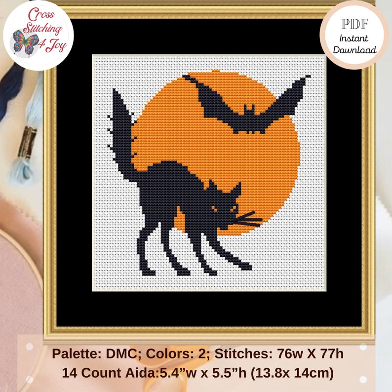 Halloween Decor Bat With SPOOKY Black Cat Cross Stitch - Etsy