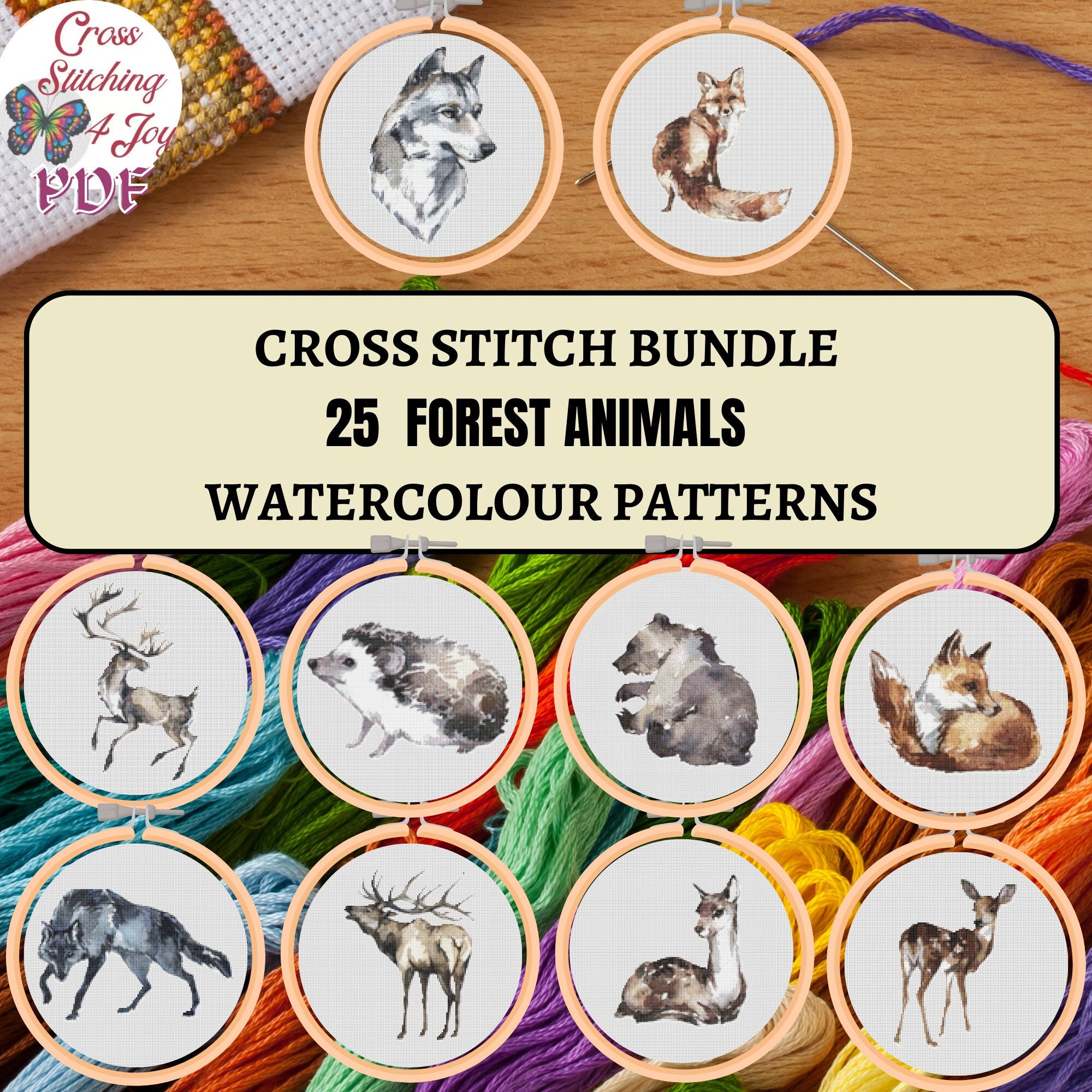 Set of 25 Wild Forest Animals Cross Stitch Bundle, Colourful Counted ...