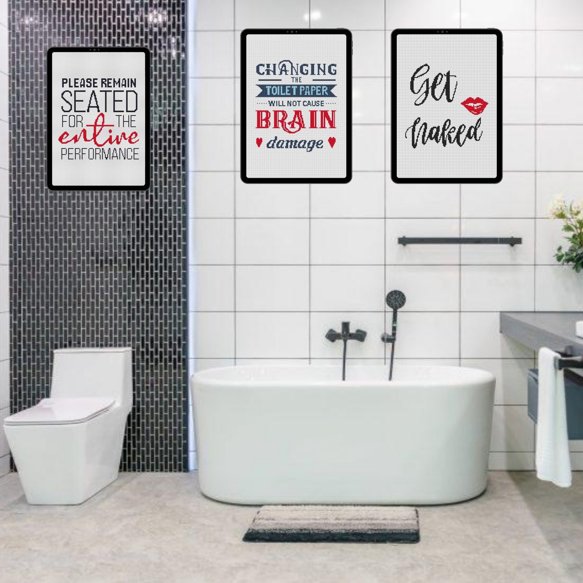 Bathroom Decoration, Set of 4 Cross Stitch Patterns, Bath Toilet Signs ...