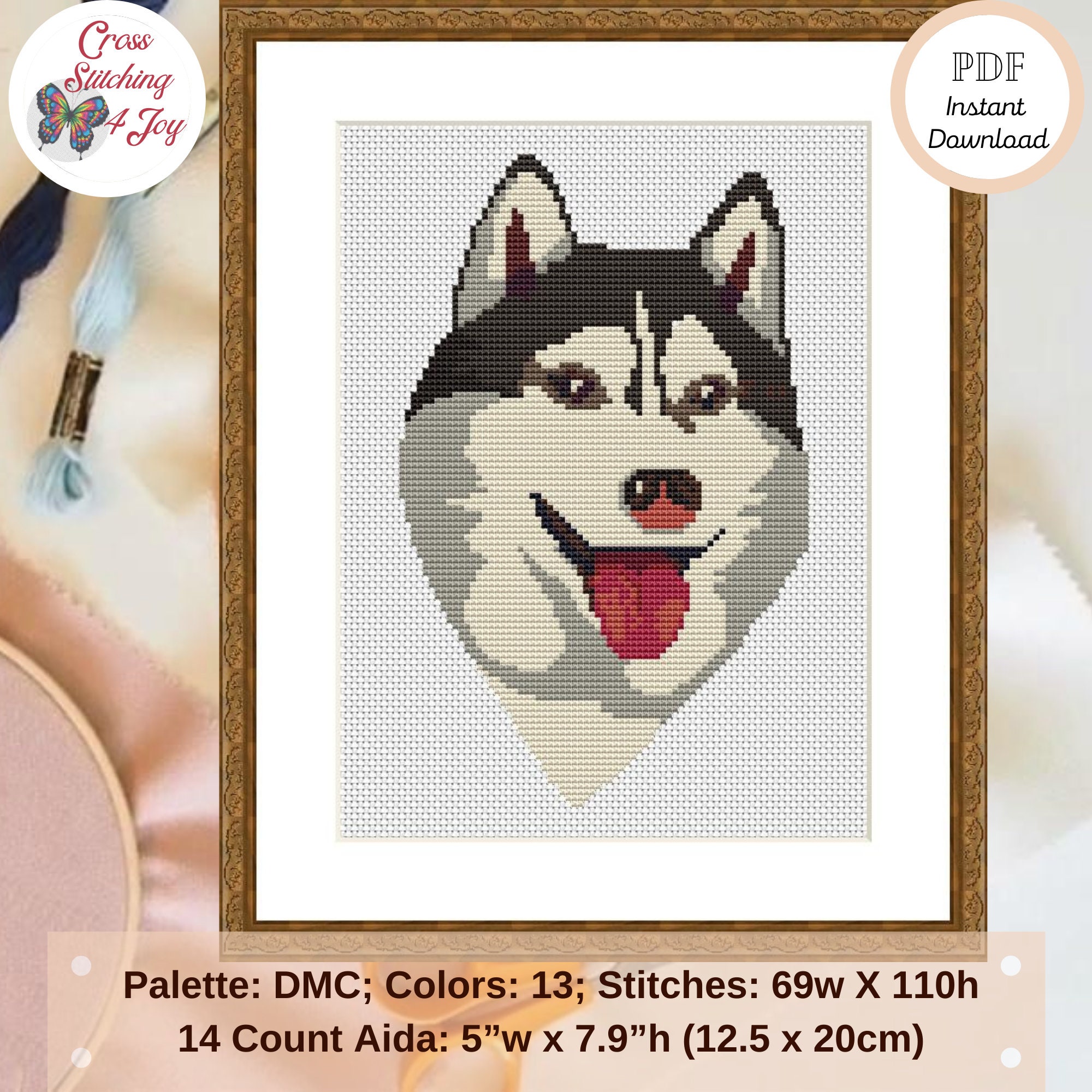 Husky Cross Stitch Pattern, Very Easy Animal Cross Stitch, Husky Dog ...