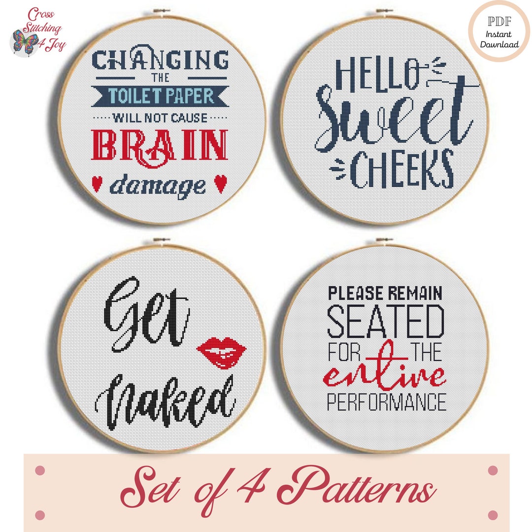 Bathroom Decoration, Set of 4 Cross Stitch Patterns, Bath Toilet Signs ...