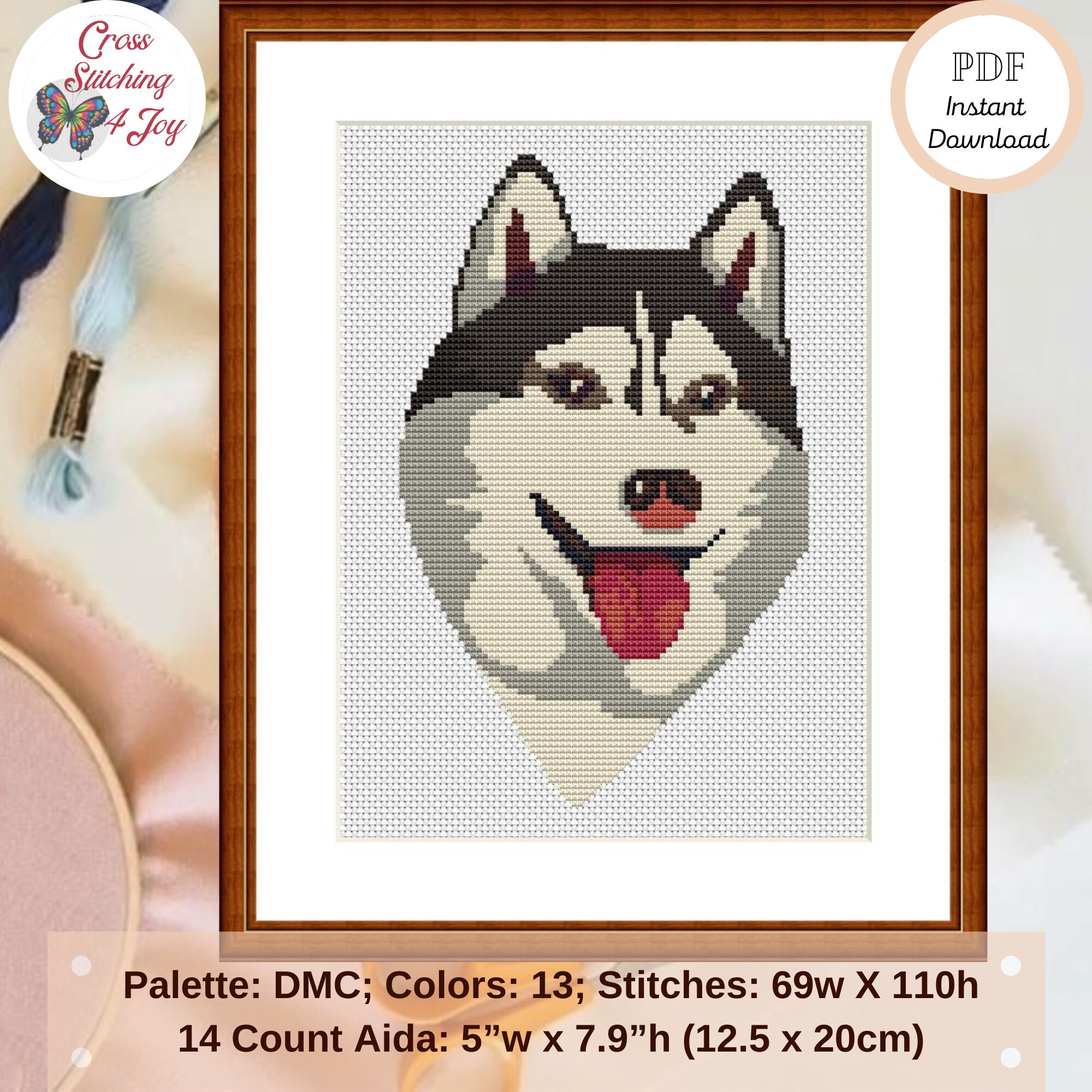 Husky Cross Stitch Pattern, Very Easy Animal Cross Stitch, Husky Dog ...