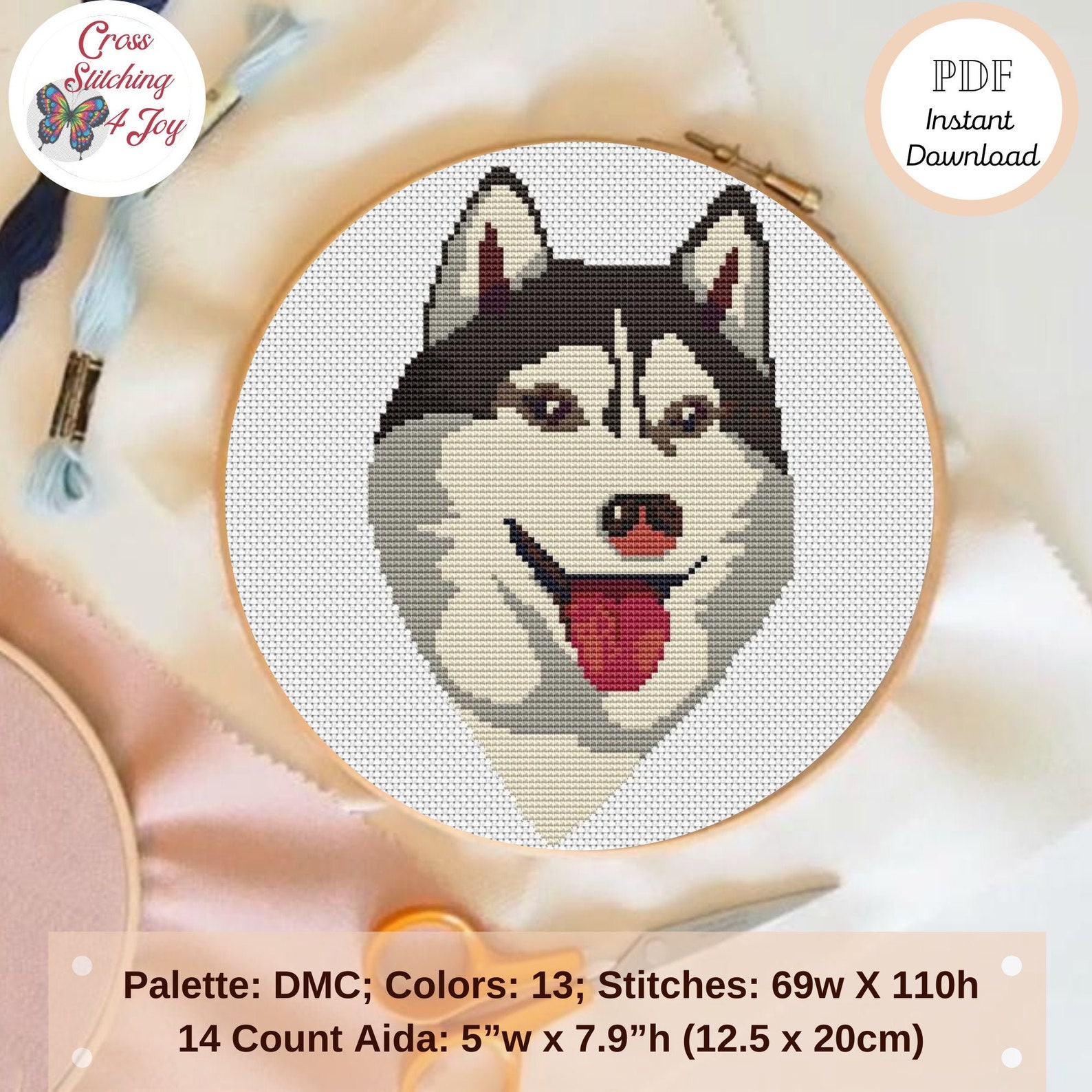 Husky Cross Stitch Pattern, Very Easy Animal Cross Stitch, Husky Dog ...