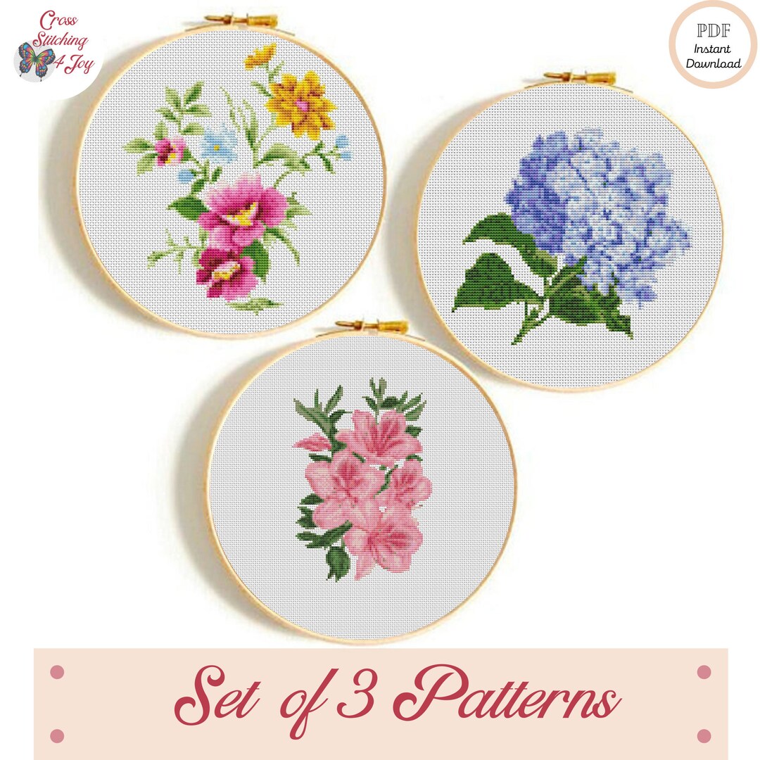 Set of 3 Flowers Unique Cross Stitch Patterns, Floral Cross Stitch ...