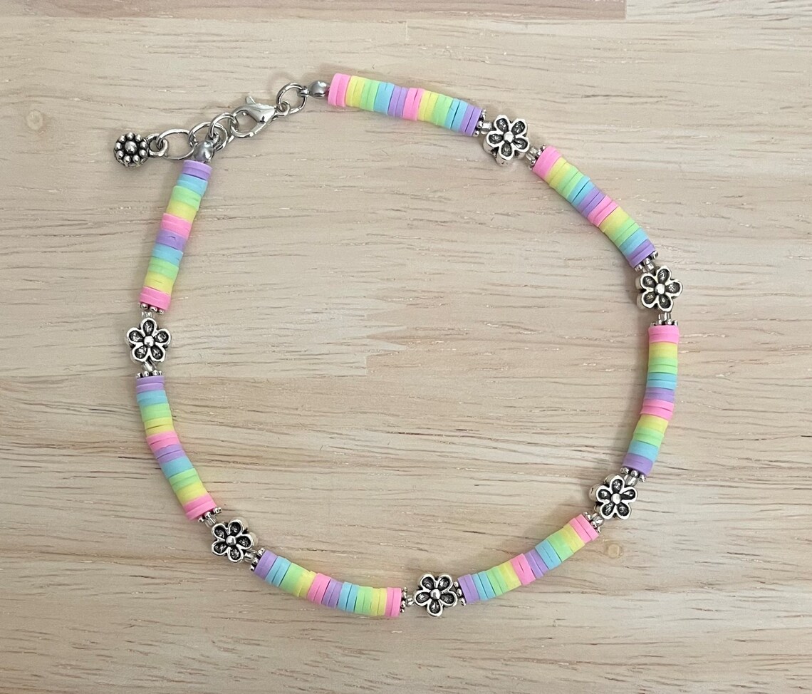 Daisy Pastel Beaded Anklet, Bright Daisy Pastel Anklet, Pastel Rainbow ...