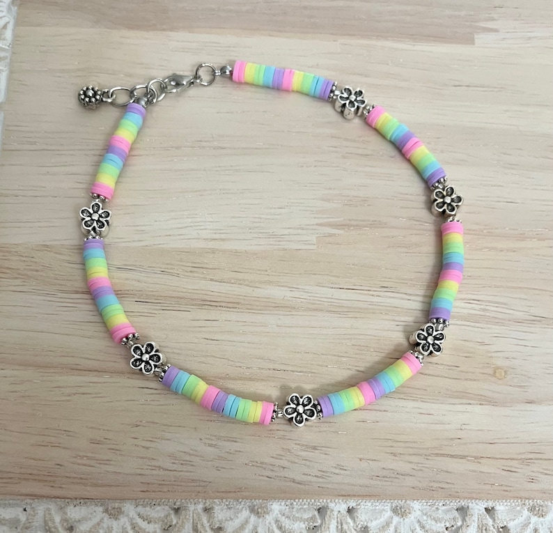 Daisy Pastel Beaded Anklet, Bright Daisy Pastel Anklet, Pastel Rainbow Beaded Anklet, Rainbow ...