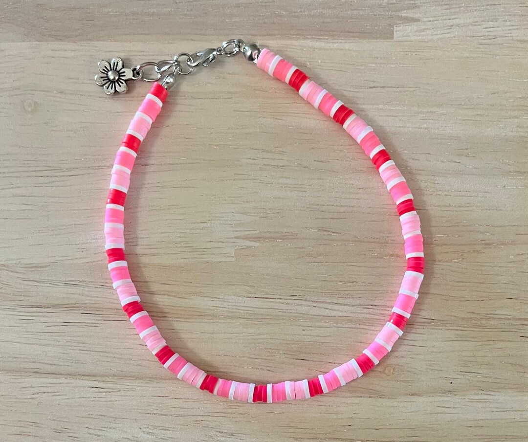 Pink and White Color Block Beaded Anklet, Bright Pink Anklet, Pink and ...