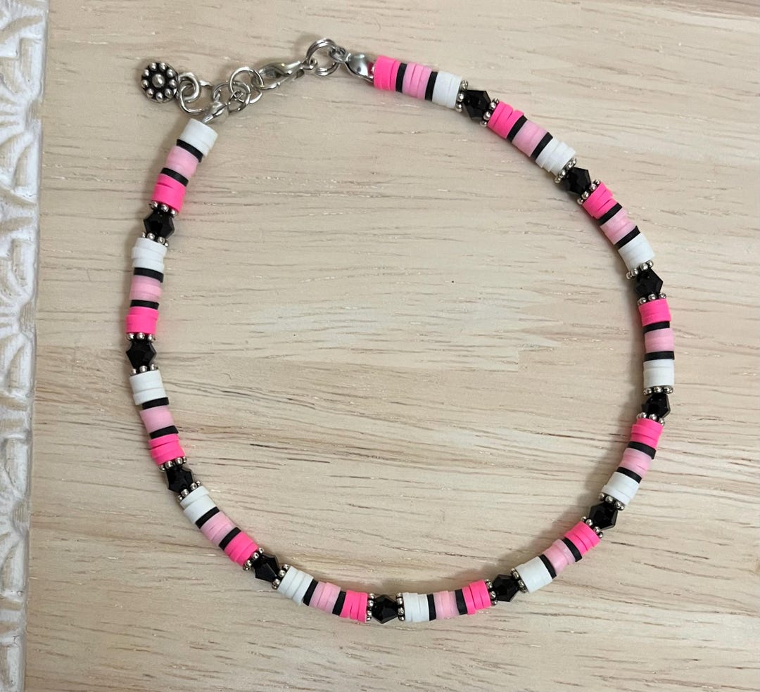 Pink and Black Beaded Anklet, Pink Anklet, Black Beaded Anklet, Pink ...