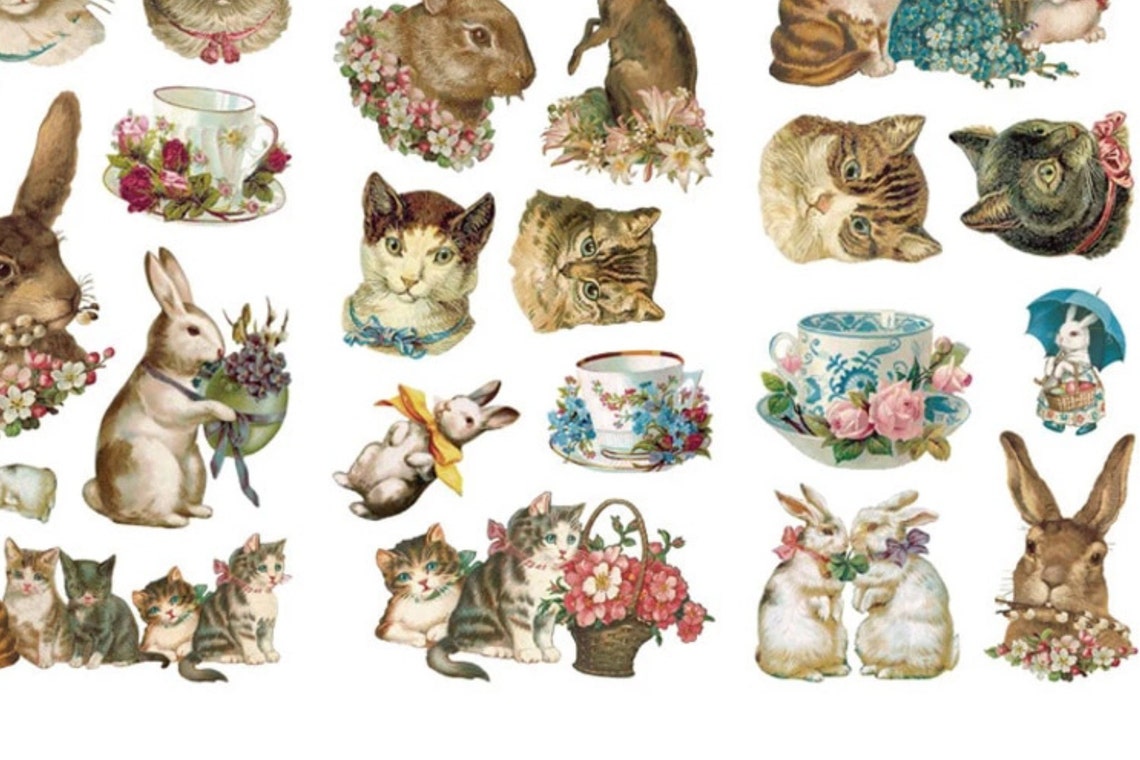 VINTAGE Style RABBITS and CATS 21 Transparent Stickers of - Etsy
