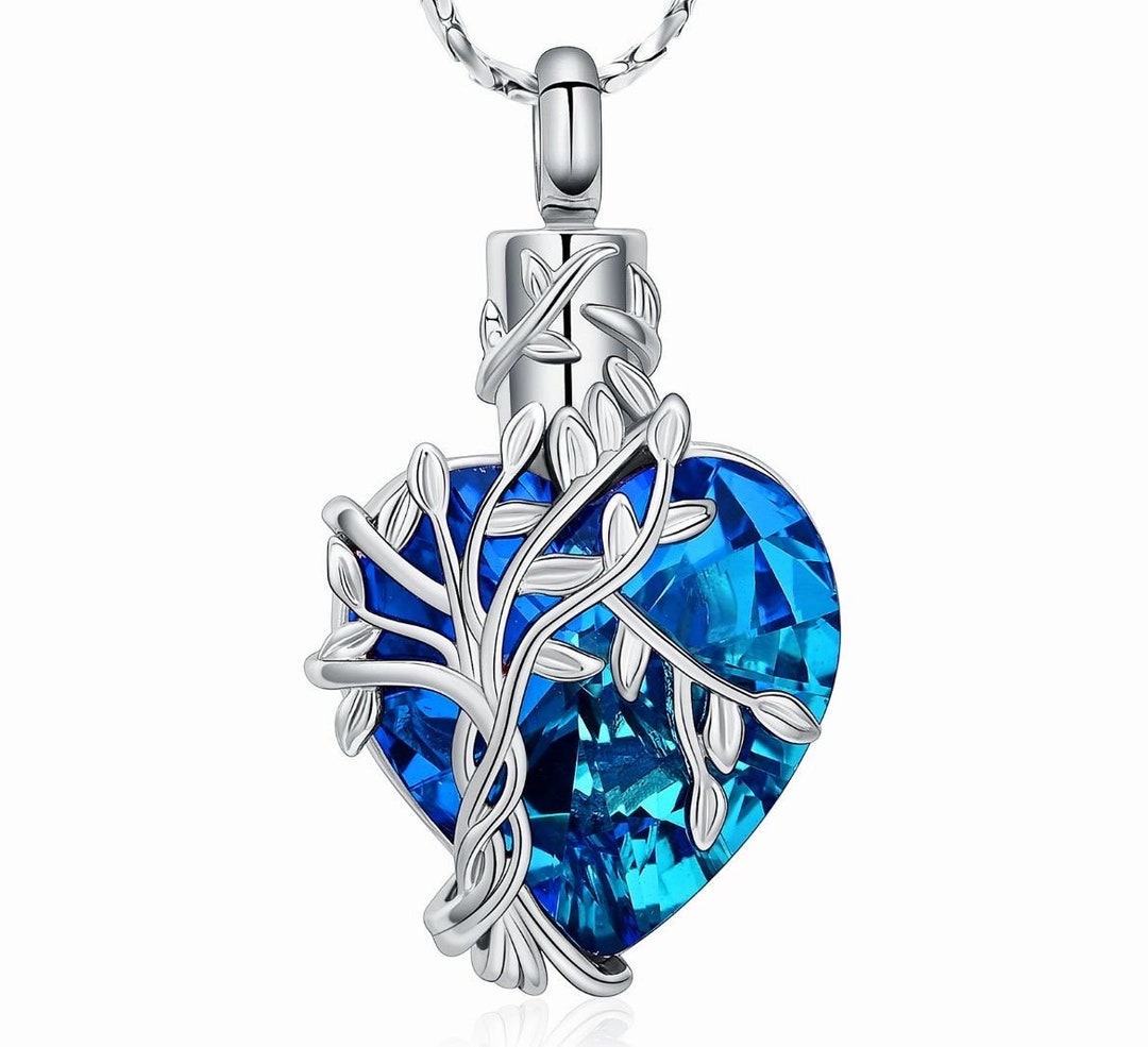 Tree of Life Blue Crystal Heart Cremation Ashes Necklace Memorial ...