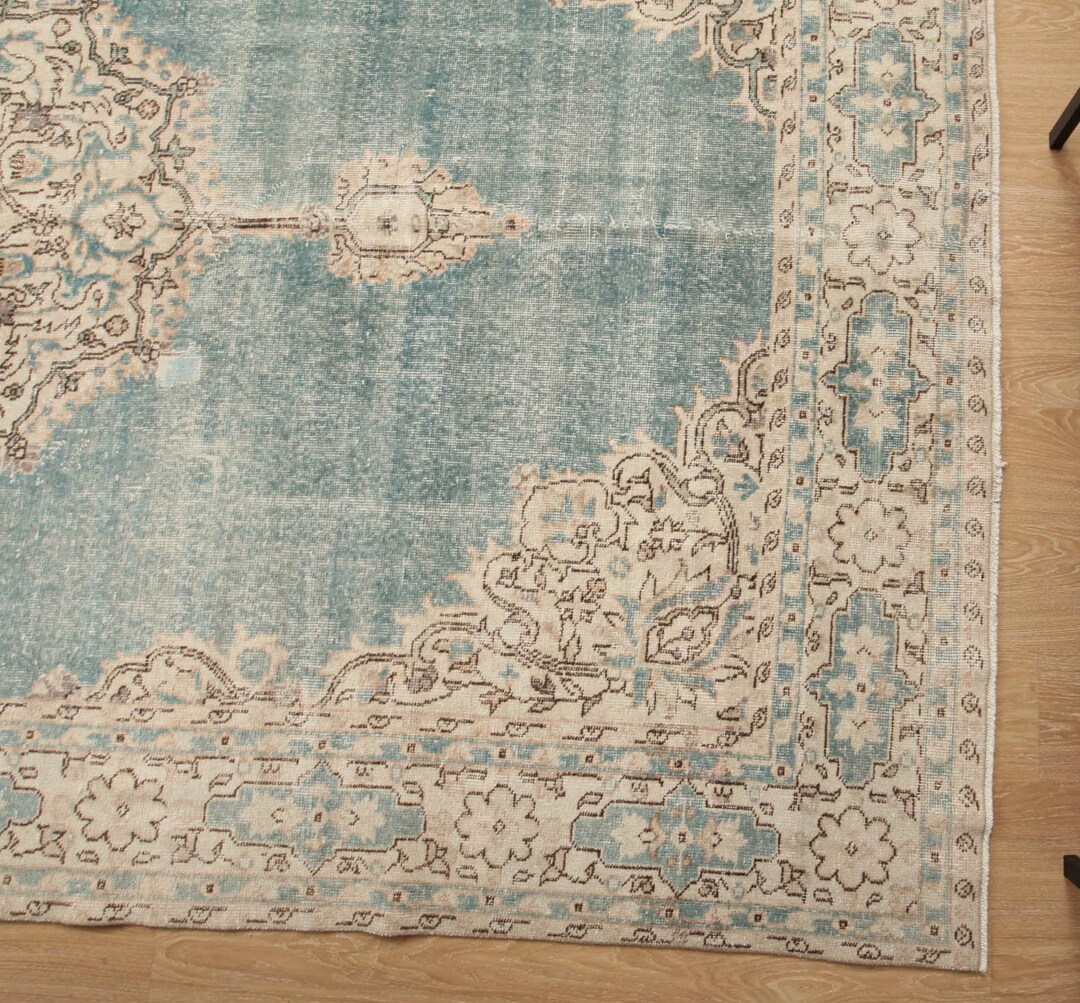 7x12 Vintage Living Room Rug, Blue Beige Rug, 7' X 11'6 Wool Area Rug ...