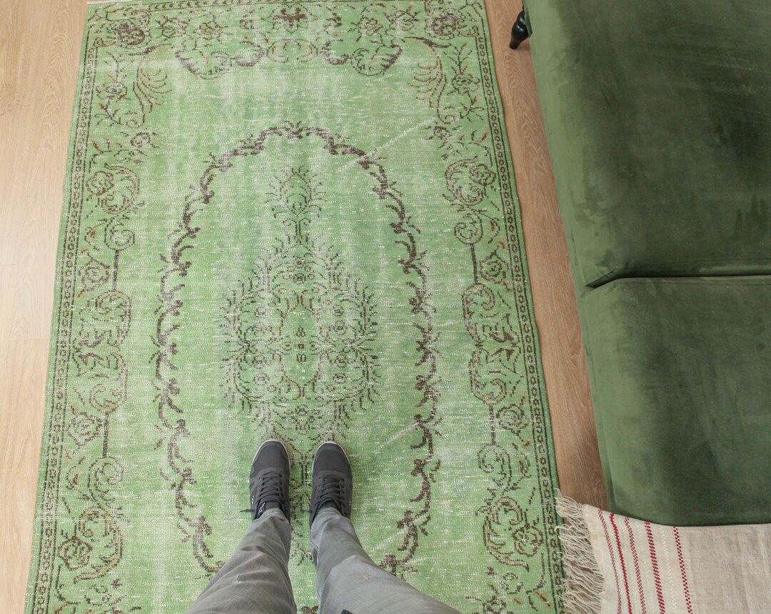 5x9 Vintage Green Area Rug, 5' X 8'9" Bedroom Rug ,handmade Living Room ...