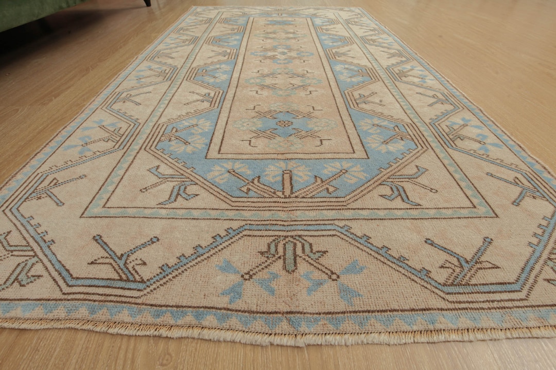 Retro Geometric Kitchen Rug, Living Room Rug, Beige Blue Rug, 3'10" X 6 ...