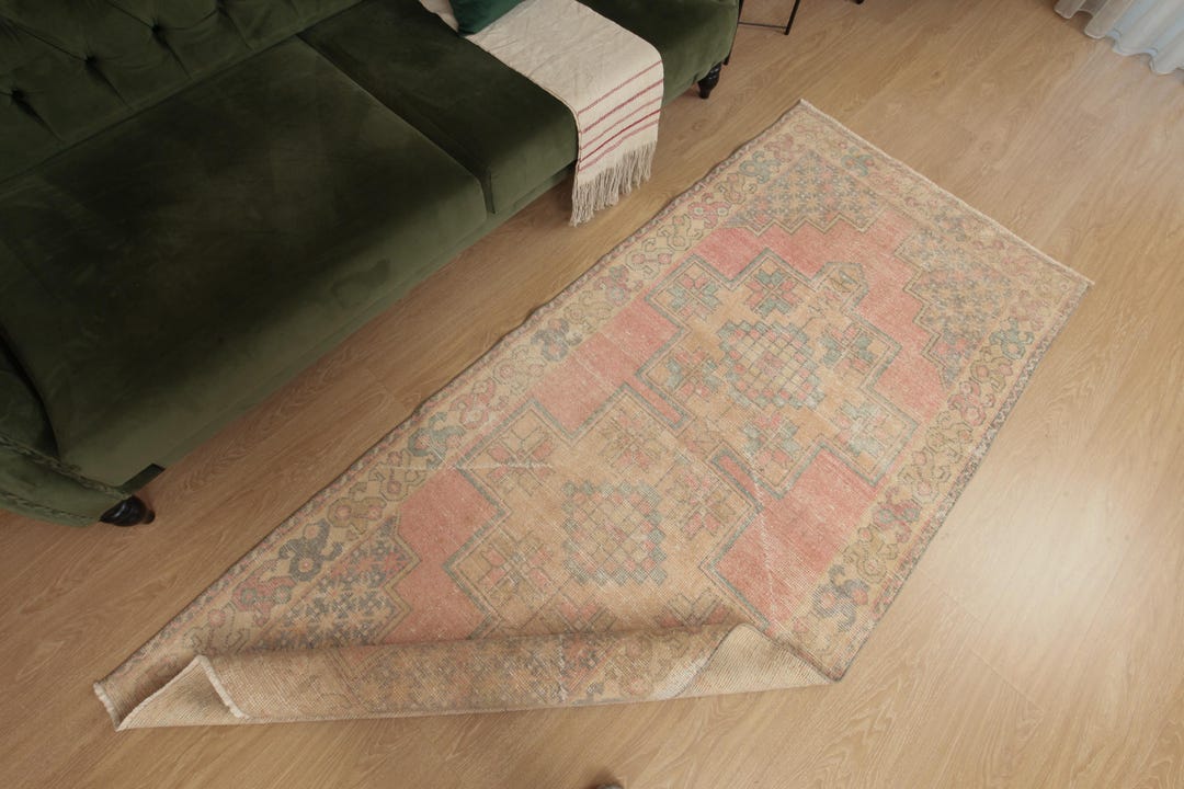 4x9 Faded Kitchen Rug, Vintage Turkish Rug, 3'9 X 8'6 Distressed Red ...