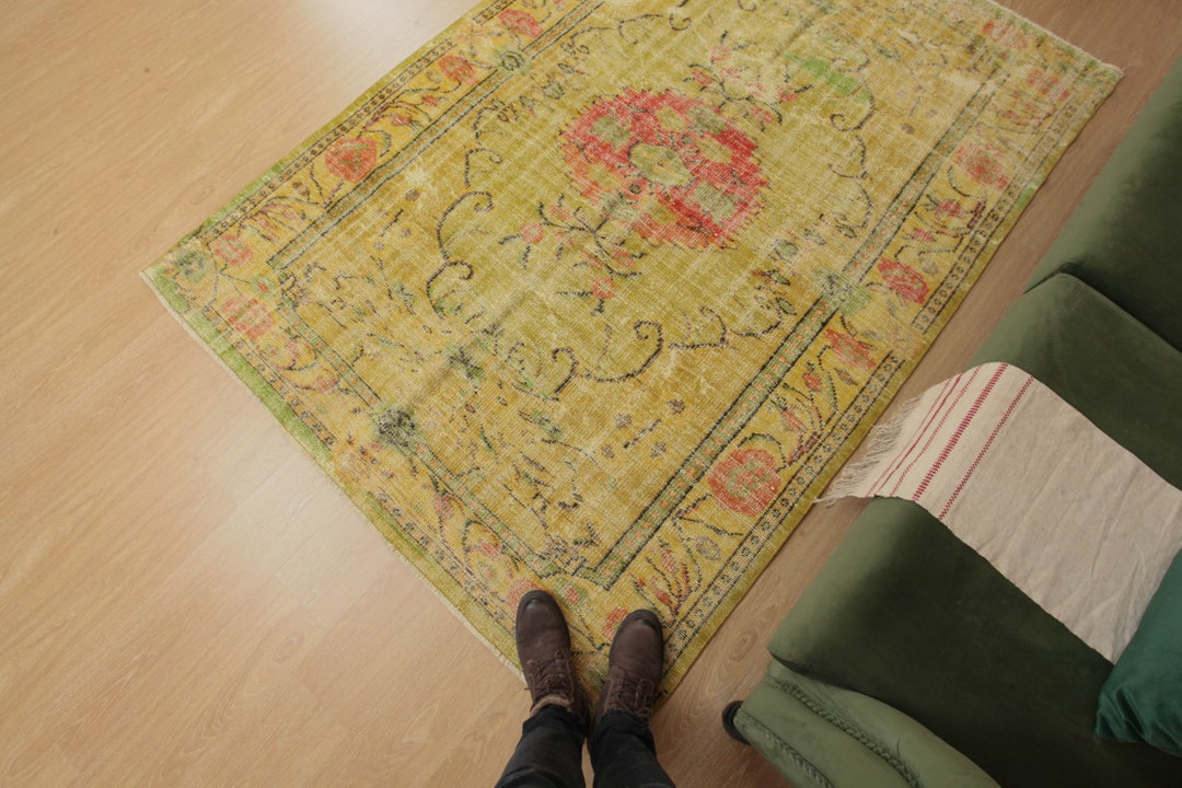 6x8 Rustic Green Yellow Rug, Boho Bedroom Rug, 70's Vintage Rug ,5'10 X ...
