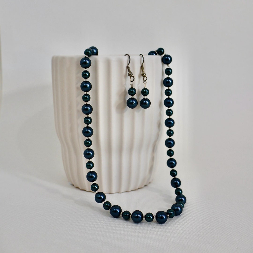 Navy Blue Pearl Jewelry Set • Black Pearl Necklace and Earrings • Blue ...