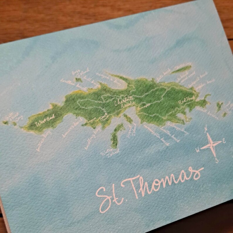 St. Thomas Map USVI Blank Card Watercolor A2 Thank You - Etsy