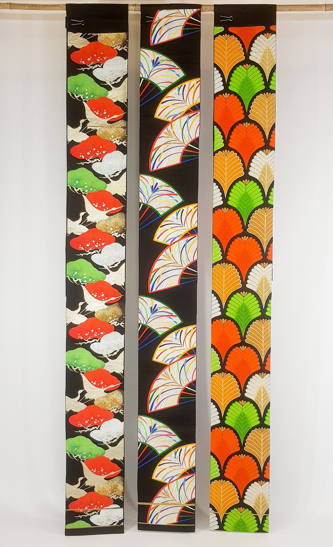 Obi Vintage 1980s Japanese Kimono Belt With Plant Patterns & Black and ...