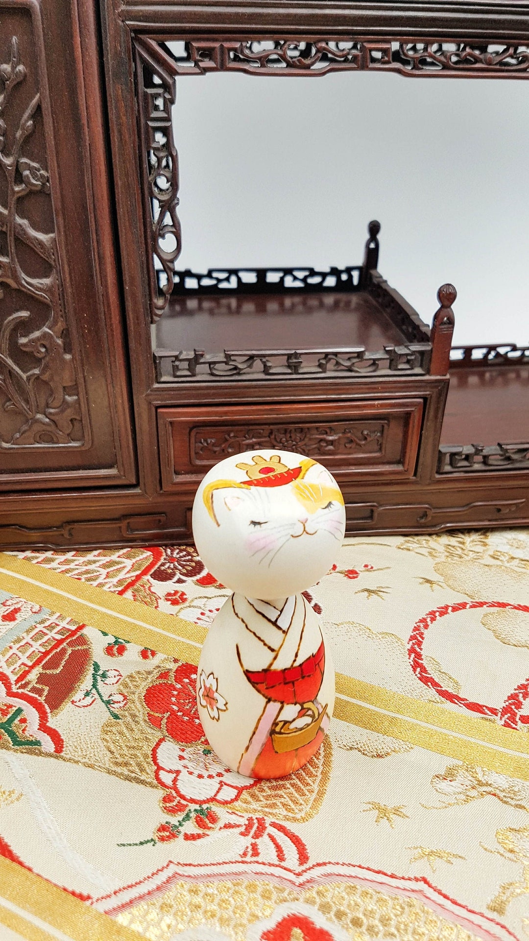 Rare Kokeshi Doll Princess Cat With Her Wooden Basket, Japanese ...