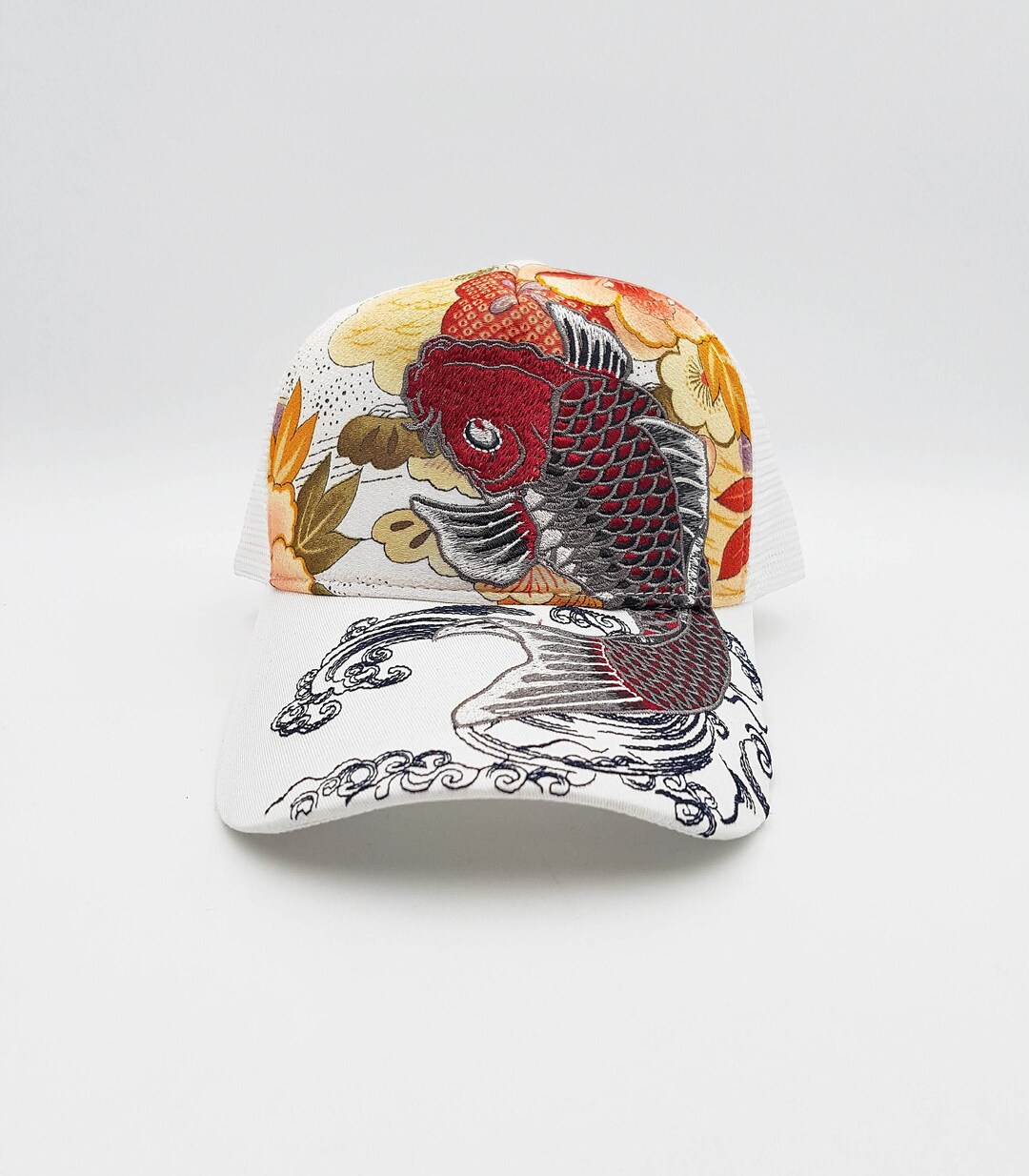 Adjustable Embroidered Cap With Japanese Koi Pattern White & - Etsy