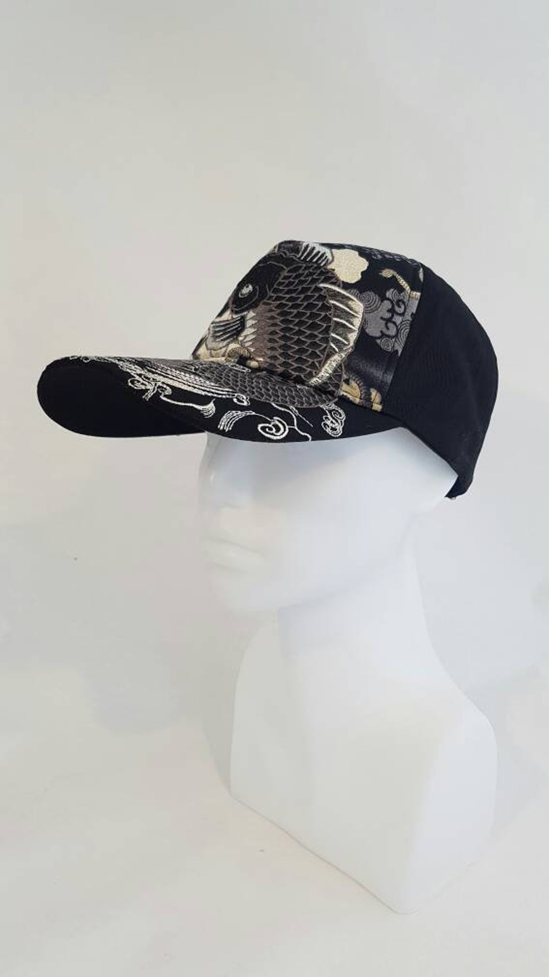 Adjustable Embroidered Cap With Japanese Black Koi Carp Pattern ...