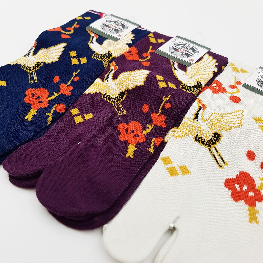 Japanese Tabi Socks in Cotton With Crane Pattern Size Fr 40-45 Kimono ...