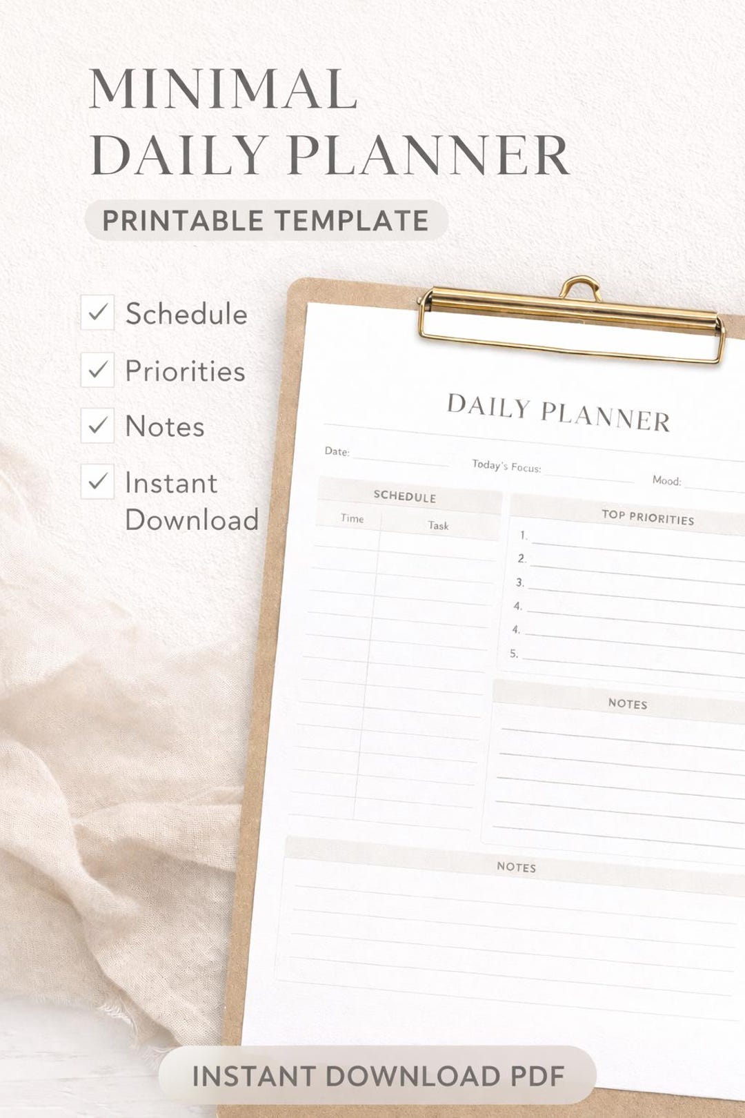 Minimal Daily Planner Printable | Productivity Planner PDF | Instant ...